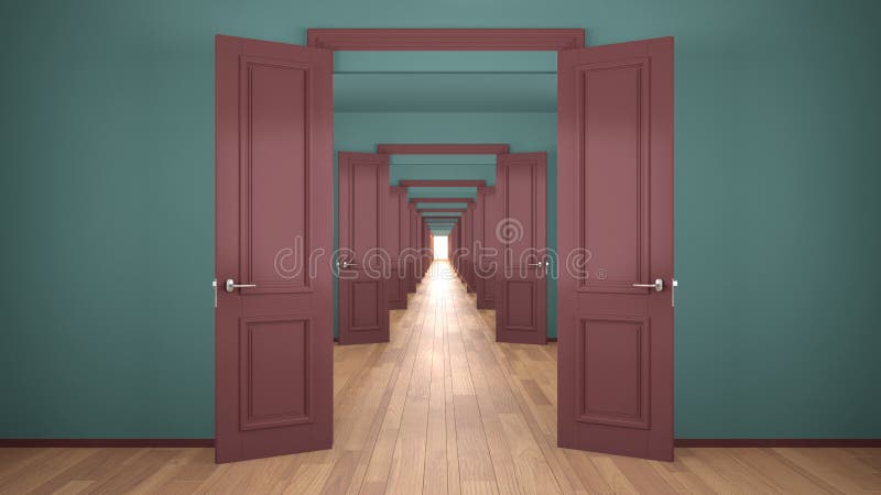 Empty Turquoise and Red Architectural Interior with Infinite Open Doors ...