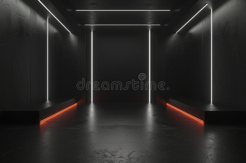 An Empty Underground Black Room Like Tunnel with Bare Walls and ...