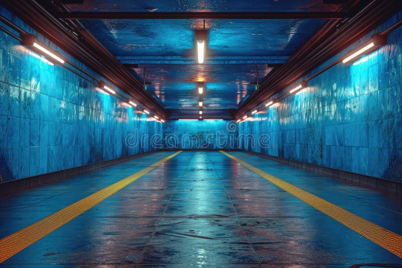 An Empty Underground Blue Room with Bare Walls and Lighting Metro Stock ...
