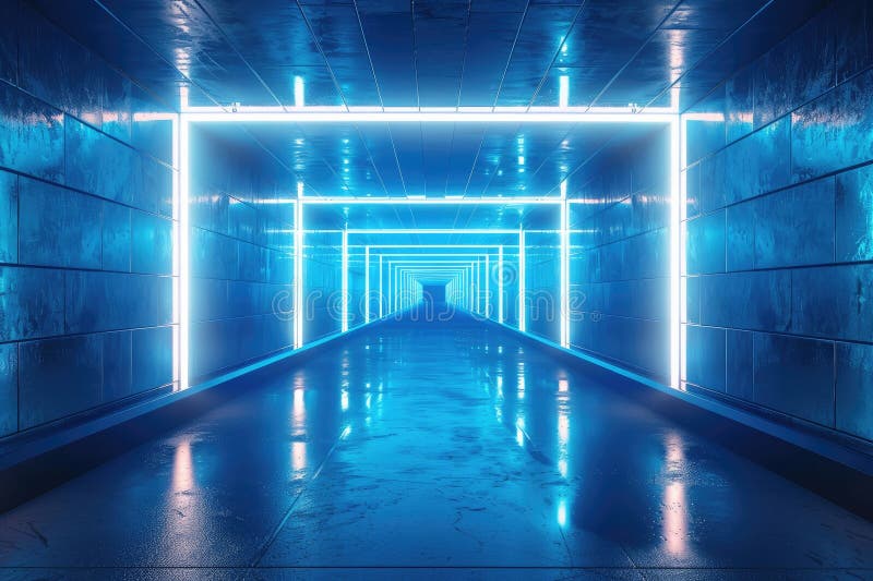 An Empty Underground Blue Room with Bare Walls and Lighting Metro Stock ...