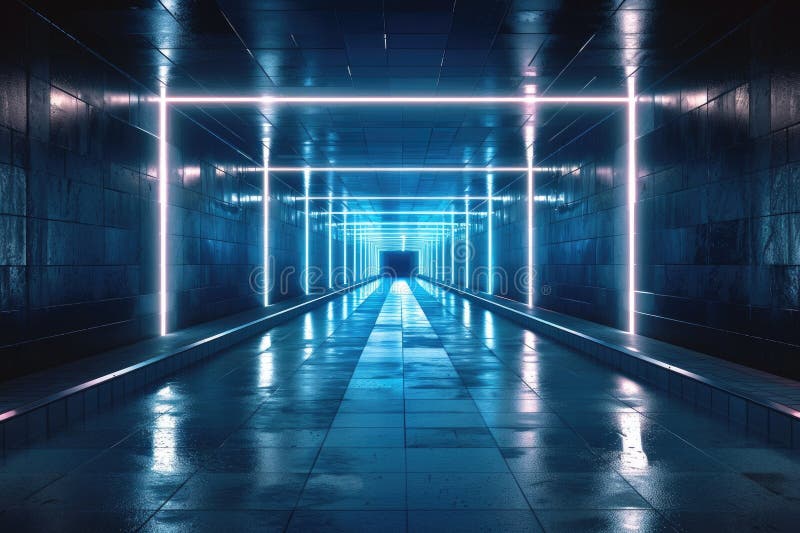 An Empty Underground Blue Room with Bare Walls and Lighting Metro Stock ...