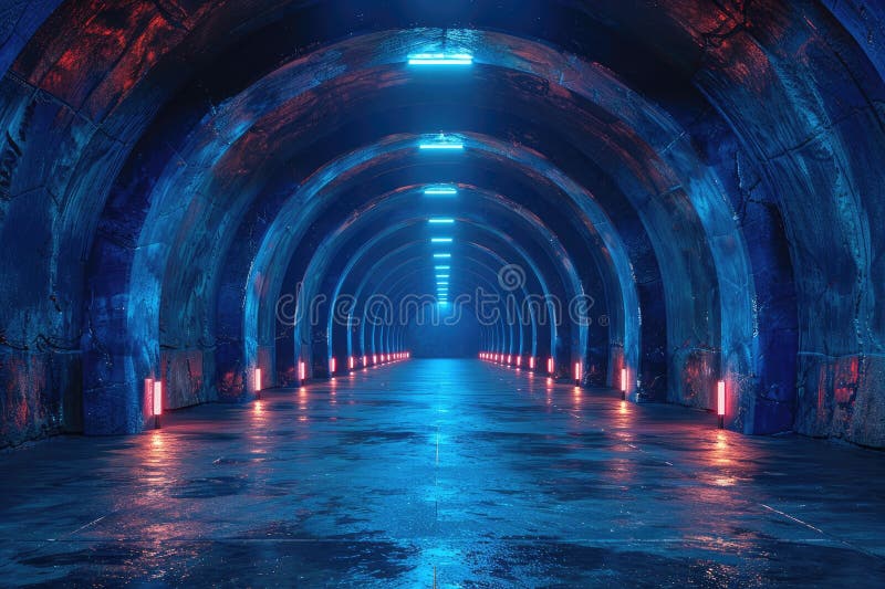 An Empty Underground Blue Room with Bare Walls and Lighting Metro Stock ...