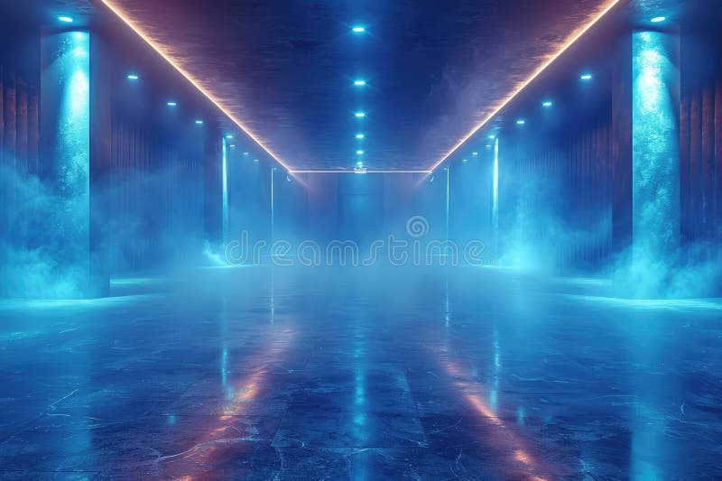 An Empty Underground Blue Room with Bare Walls and Lighting with Empty ...
