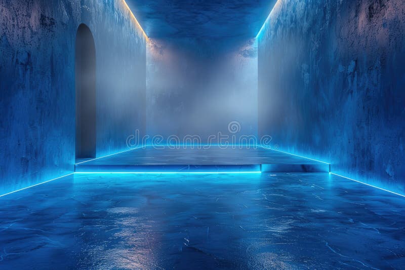 An Empty Underground Blue Room with Bare Walls and Lighting with Empty ...