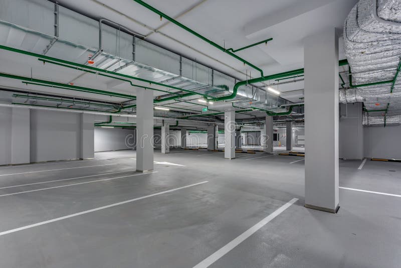 Empty Underground Garage Parking with Columns and Road Markings Stock ...