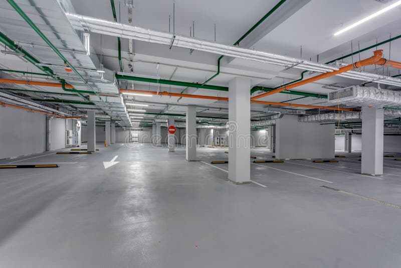 Empty Underground Garage Parking with Columns and Road Markings Stock ...