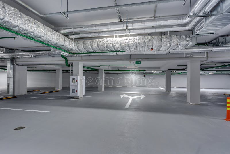 Empty Underground Garage Parking with Columns and Road Markings Stock ...