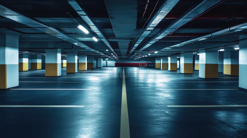 Empty Underground Parking Garage with Bright Lighting and Concrete ...