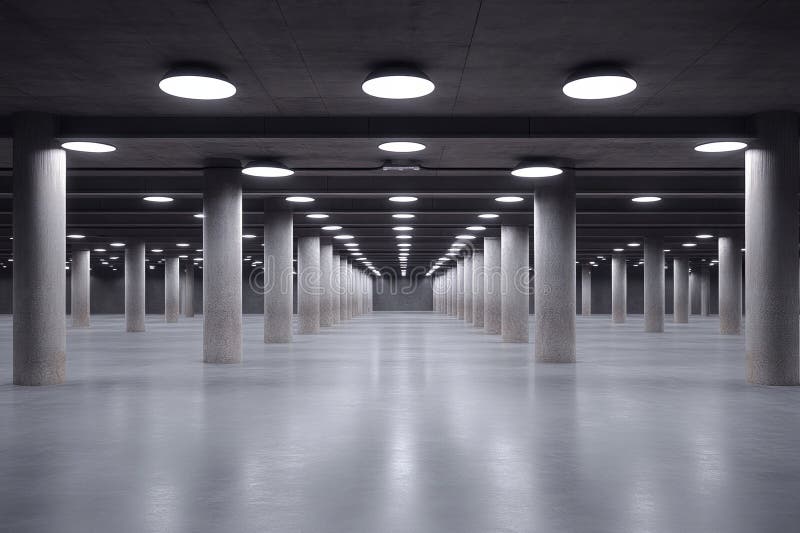Empty Underground Parking Garage with Concrete Pillars and Bright ...