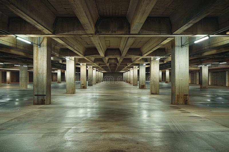 Empty Underground Parking Garage with Concrete Pillars and Industrial Lighting. Modern Urban ...