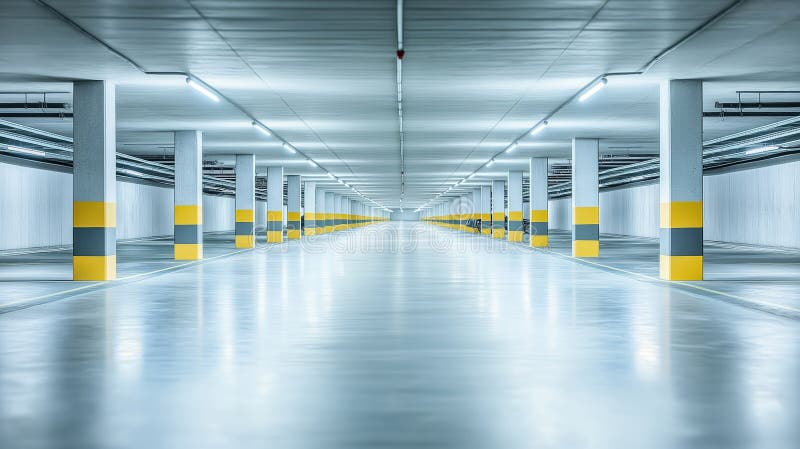 Empty Underground Parking Garage. Modern Concrete Structure. Wide ...