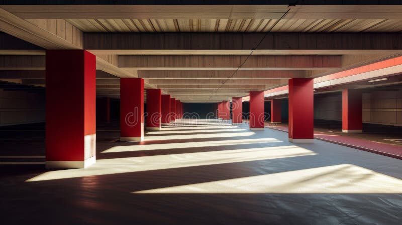 Empty Underground Parking Garage with Red Columns and Light Beams Stock ...