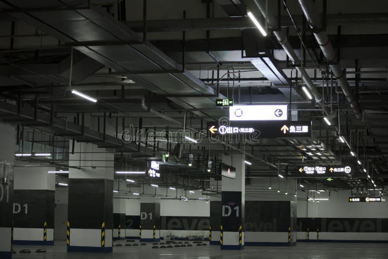 The Empty Underground Parking Lot with Complex Pipe System. Stock Photo ...