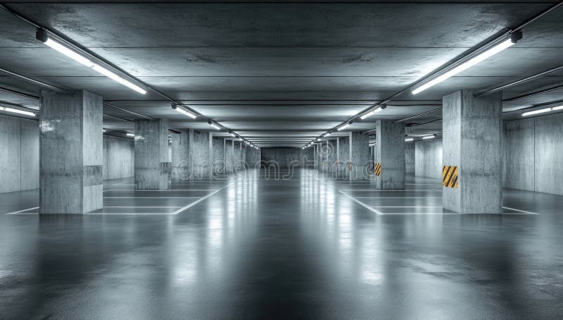 Empty Underground Parking Lot with Concrete Walls and a Grey Floor ...