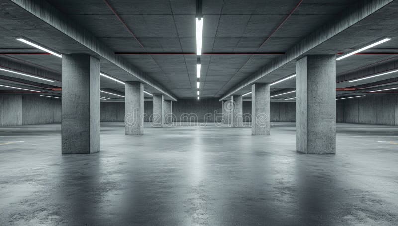 Empty Underground Parking Lot with Concrete Walls and a Grey Floor ...