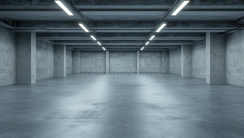 Empty Underground Parking Lot with Concrete Walls and a Grey Floor ...