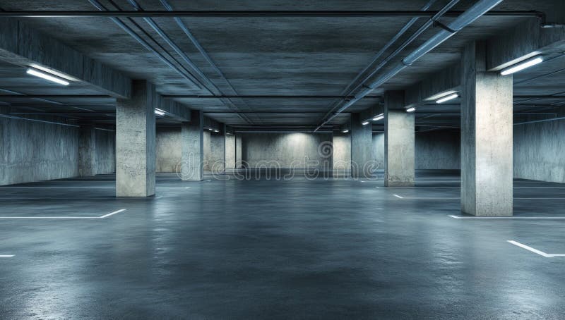 Empty Underground Parking Lot with Concrete Walls and a Grey Floor ...