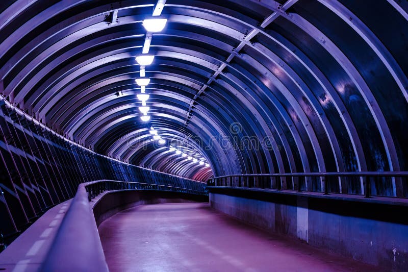 Empty Underground Passage with Neon Glowing Lights. Perspective of ...