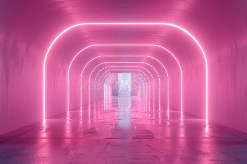 An Empty Underground Pink Room Like Tunnel with Bare Walls and Lighting ...