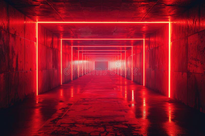 An Empty Underground Red Room Like Tunnel with Bare Walls and Lighting ...