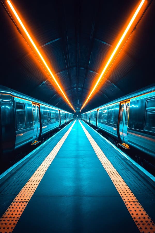 Empty Underground Train Station with Modern Design and Bright Overhead ...