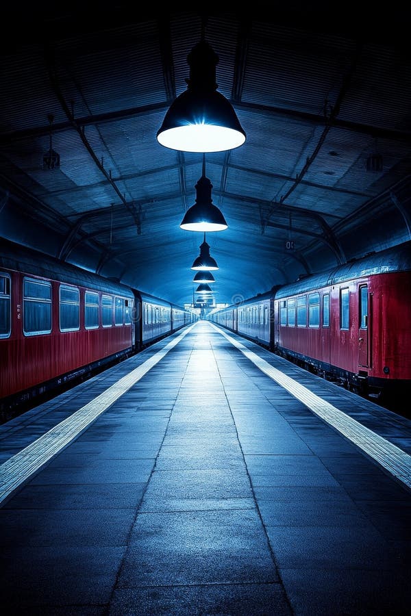 Empty Underground Train Station at Night, Luminous Platform, Red Train ...