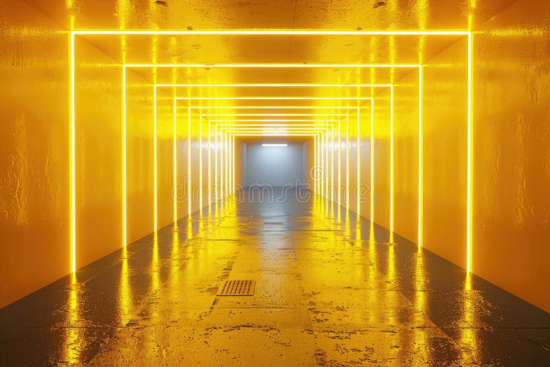 An Empty Underground Yellow Room Like Tunnel with Bare Walls and ...