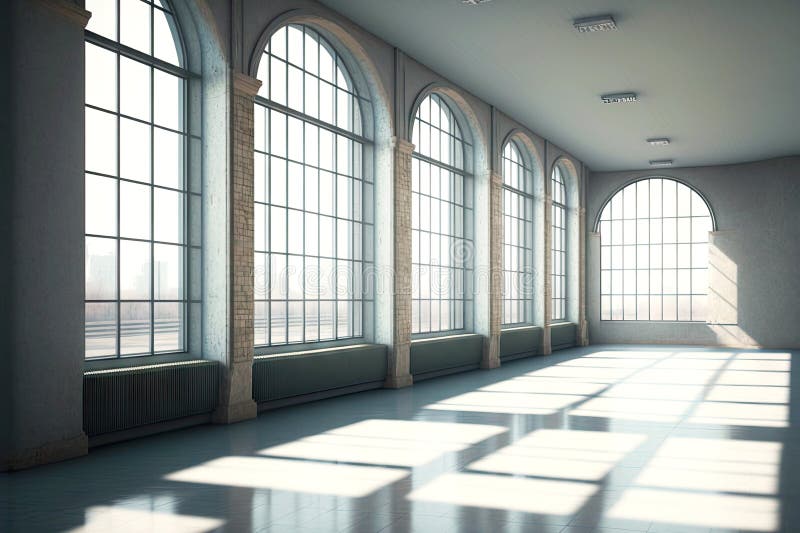 Empty Unfurnished Interior with Large Stained Gl Windows in Office ...
