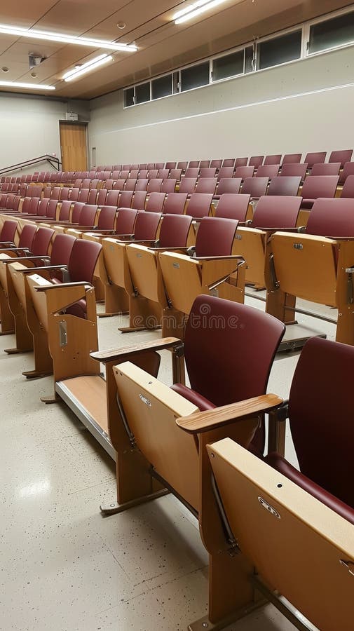 Empty University Lecture Hall with Rows of Wooden Chairs and Desks in ...