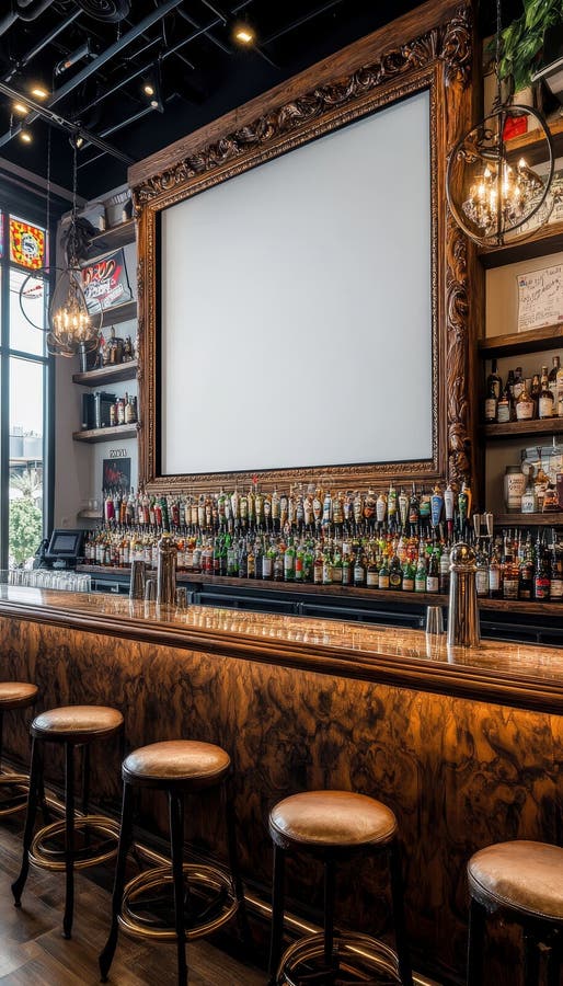 Empty Upscale Bar Interior with Large Projection Screen, Dark Wood, and ...