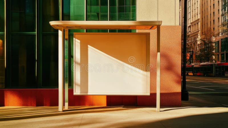 Empty Urban Billboard at a Modern Bus Stop. Sunlight Casts Shadows on ...