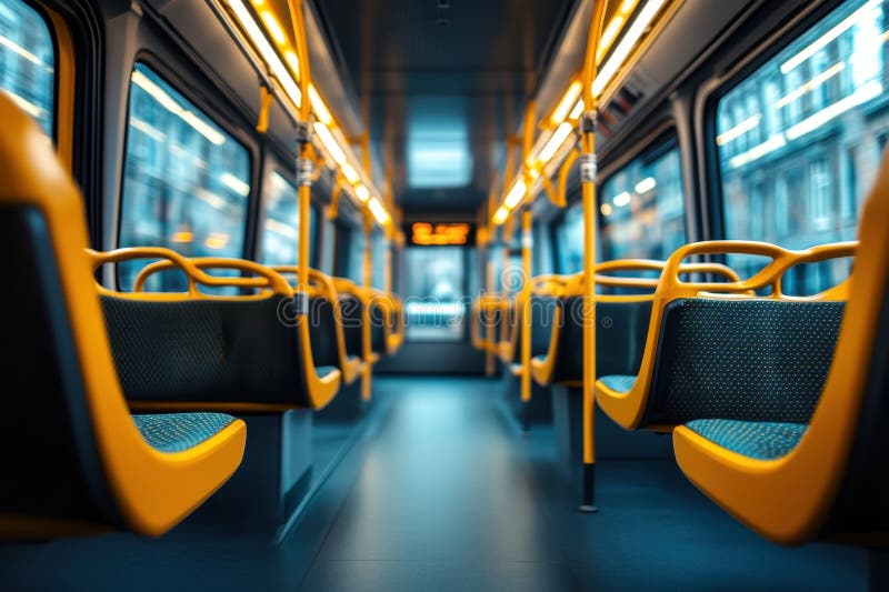 Empty Urban Bus Interior with Bright Lighting and Modern Yellow Seating ...