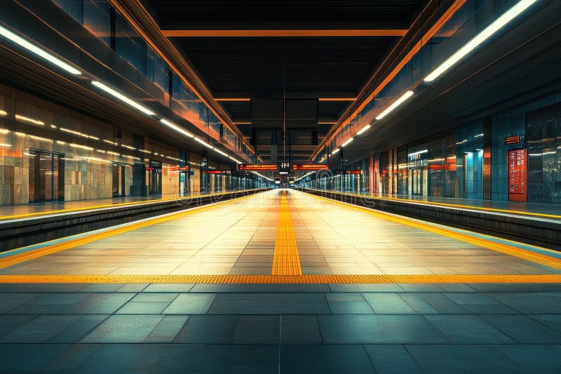 Empty Urban Subway Station with Illuminated Platform at Night Stock ...