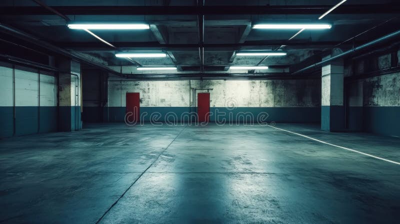 Empty Urban Underground Parking Garage with Dim Lighting and Red Doors ...