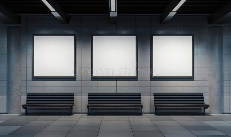Empty Urban Waiting Area with Three Blank Billboards and Benches Stock ...