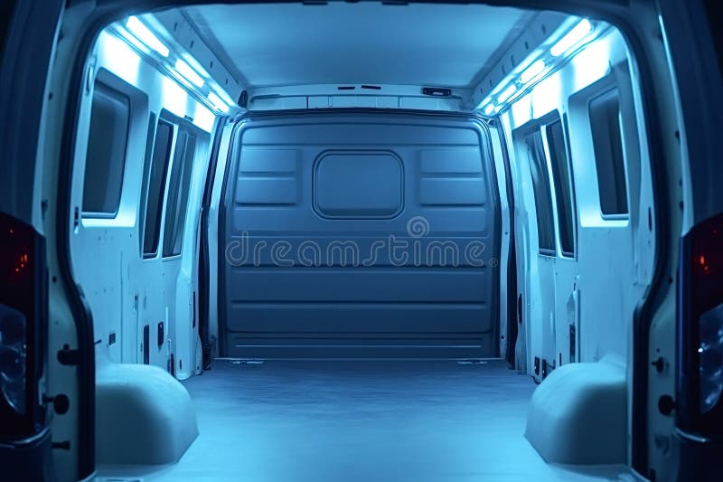 Empty Van Interior with Bright Blue Led Strip Lights Illuminating Cargo ...