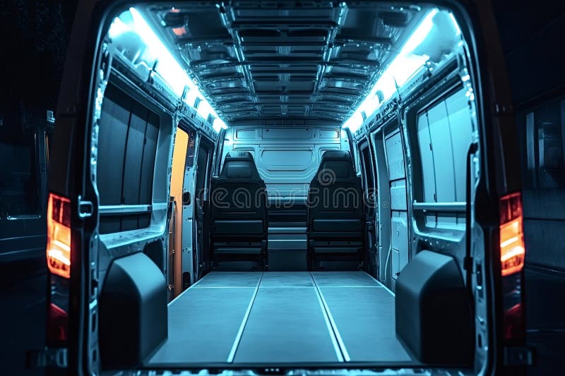 Empty Van Interior with Two Seats and Blue Lighting Stock Photo - Image ...