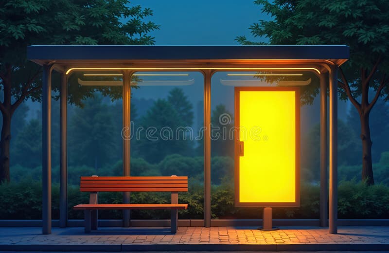 Empty Vertical Light Box Advertising on Bus Stop at Night. Modern Bus ...
