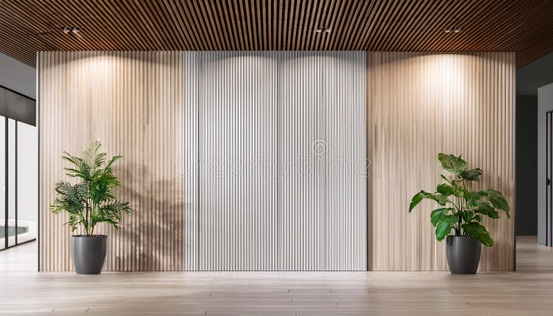 Empty Vertical Panel Wall Mockup in Modern Office Interior. 3D ...