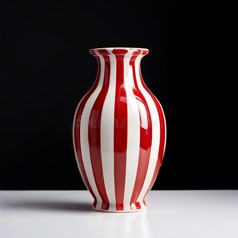 Empty Vertical White and Red Stripes Ceramic Vase on Black Background ...