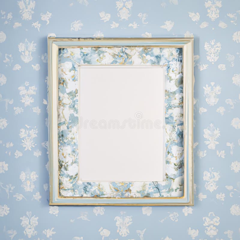 Empty Vertical Wooden Frame on Pale Blue Floral Wallpaper Wall ...