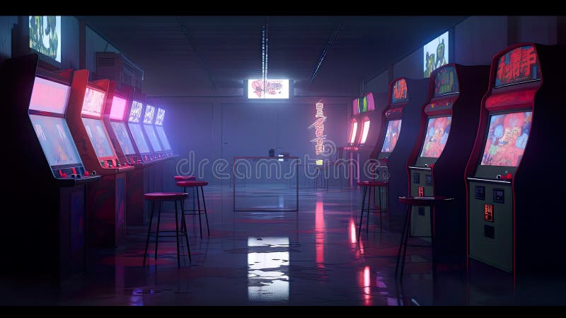 Empty Video Game Arcade, 80s Style, Neon, Gaming Mashines in a Row, AI ...