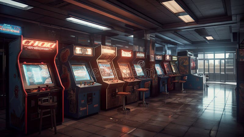 Empty Video Game Arcade, 80s Style, Neon, Gaming Mashines in a Row, AI ...