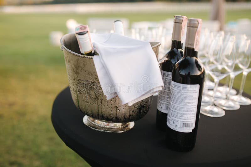 Empty Vine Glasses on the Table Outdoors on Evening Coupryside Party ...