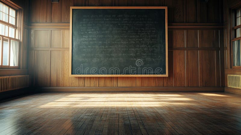 Empty Vintage Classroom with Large Dark Wood Chalkboard Stock ...