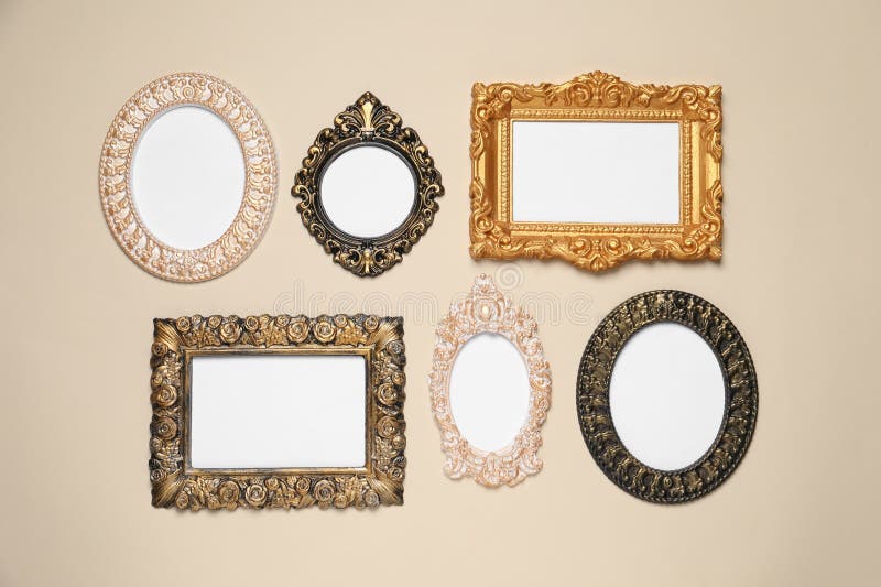 Empty Vintage Frames Hanging on Beige Wall Stock Image - Image of elegant, beige: 293425697