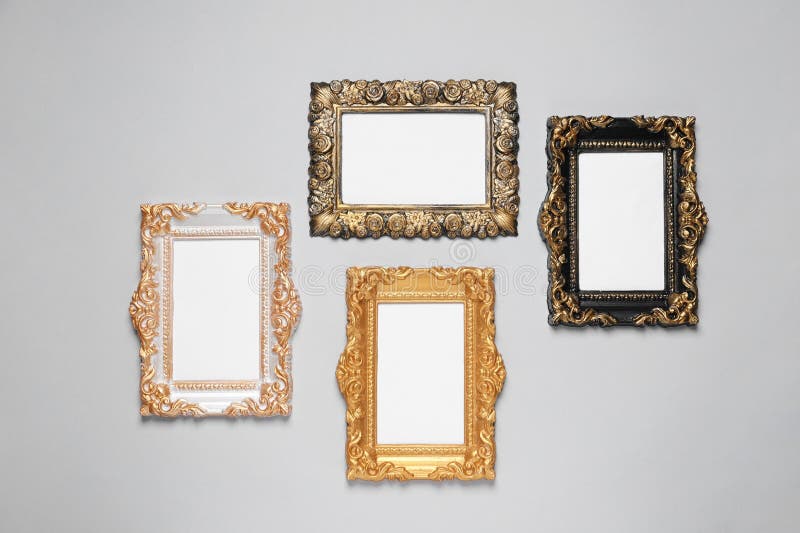 Empty Vintage Frames Hanging on Light Gray Wall Stock Image - Image of ...