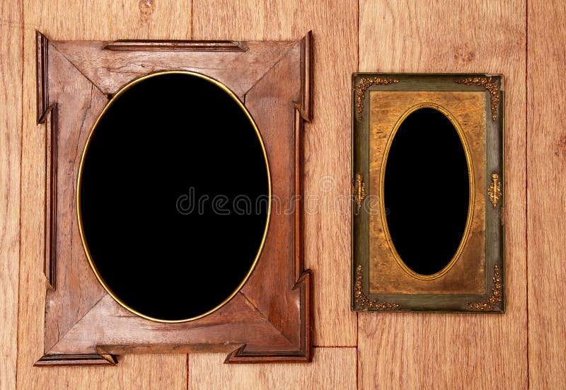Empty Frames and Watch on Wooden Wall Stock Image - Image of plank ...