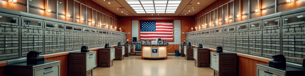 Empty Vintage Post Office Lobby with American Flag and Mailboxes Stock ...