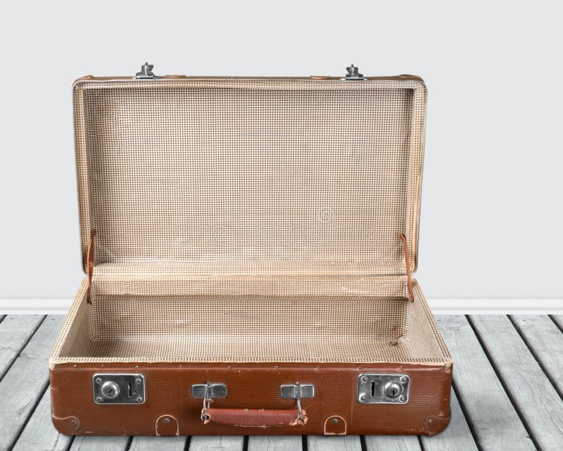 Empty Vintage Suitcase on Wooden Background Stock Photo - Image of open ...
